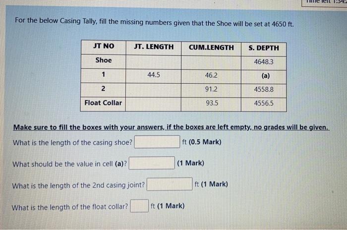 Solved For the below Casing Tally, fill the missing numbers | Chegg.com