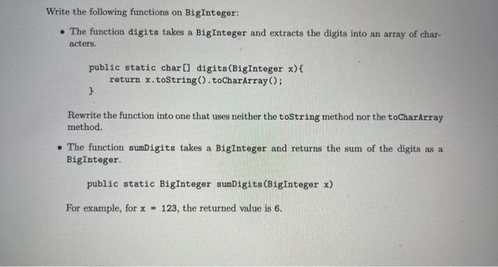 Solved Write the following functions on BigInteger: • The | Chegg.com