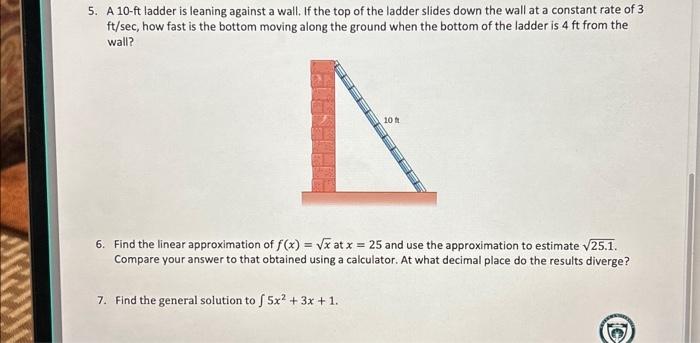 Solved 5. A 10-ft ladder is leaning against a wall. If the | Chegg.com