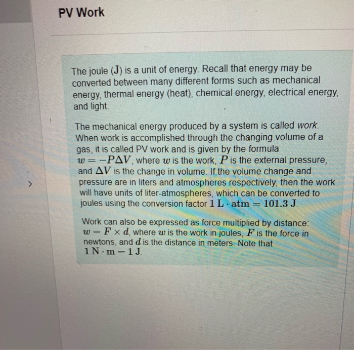Solved PV Work The joule (J) is a unit of energy. Recall | Chegg.com