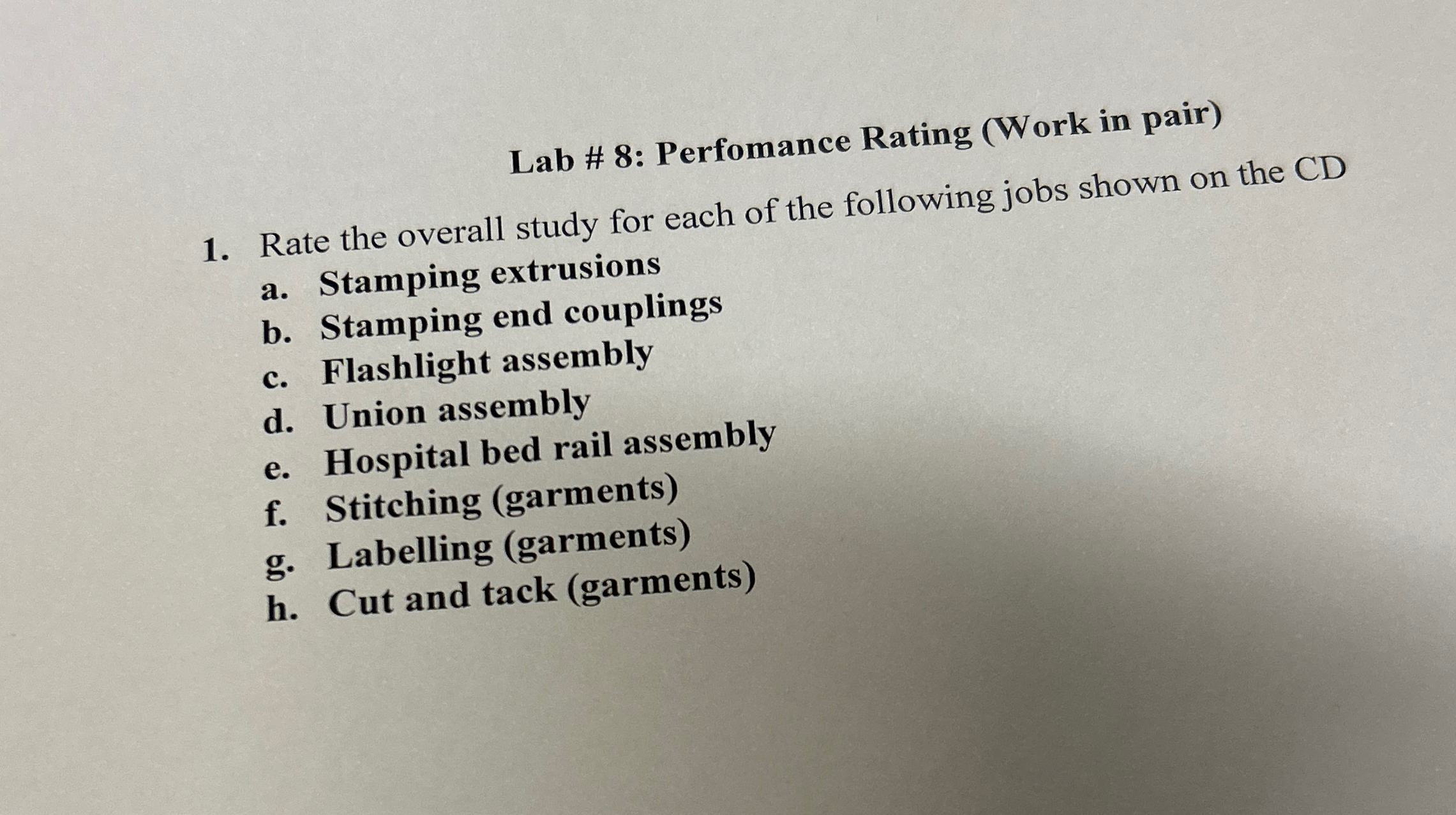 Solved Lab # 8: Perfomance Rating (Work in pair)Rate the | Chegg.com