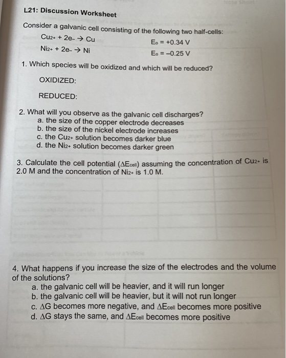 Solved L21: Discussion Worksheet Consider a galvanic cell | Chegg.com