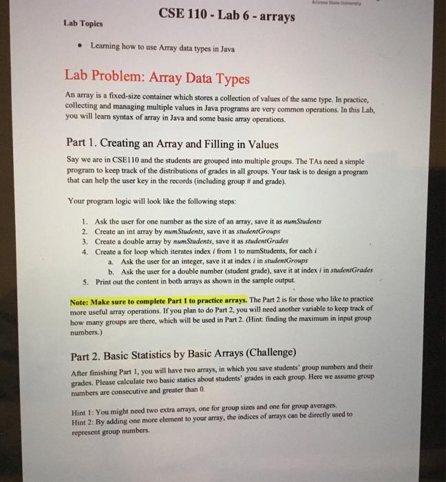 Solved CSE 110 - Lab 6 - arrays Lab Topics • Leaming how to | Chegg.com