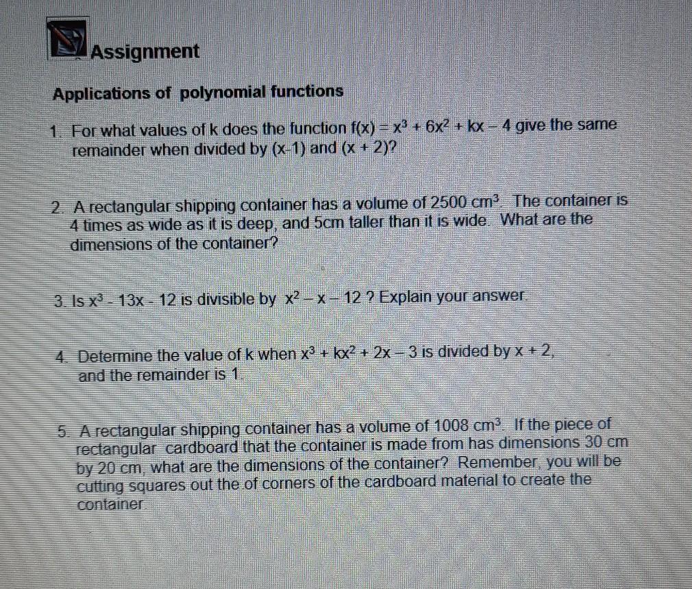 Solved Assignment Applications of polynomial functions 1. | Chegg.com