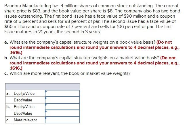 Solved Pandora Manufacturing has 4 million shares of common | Chegg.com