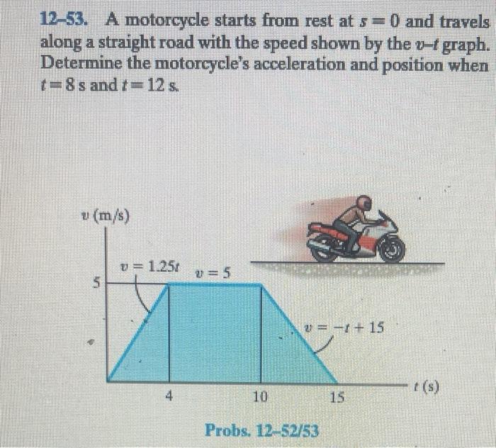 Solved 12-53. A motorcycle starts from rest at s=0 and | Chegg.com
