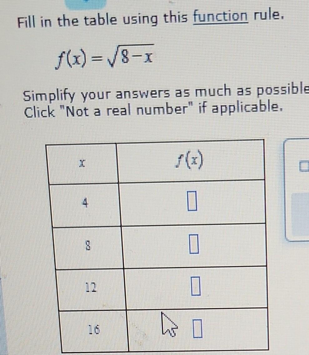 Solved Fill in the table using this function rule. f(x)=8−x | Chegg.com