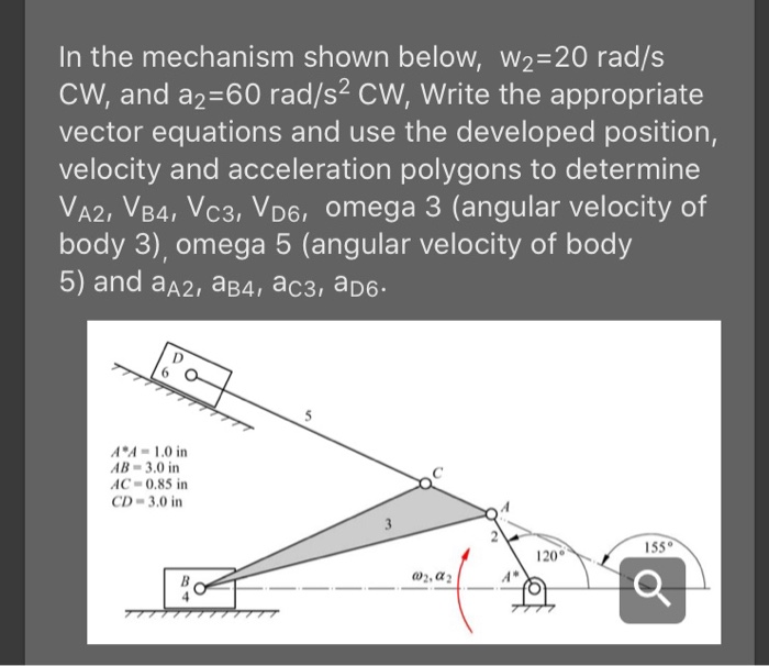Solved In the mechanism shown below, W2=20 rad/s CW, and | Chegg.com
