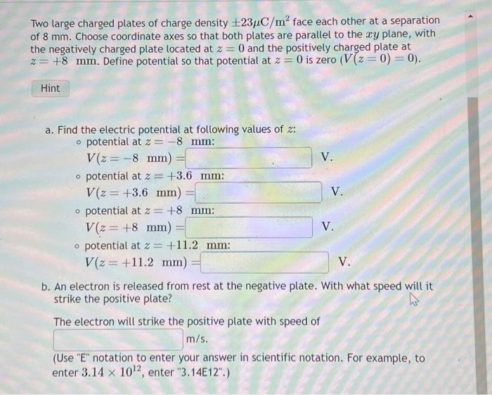 Solved Two large charged plates of charge density ±23μC/m2 | Chegg.com