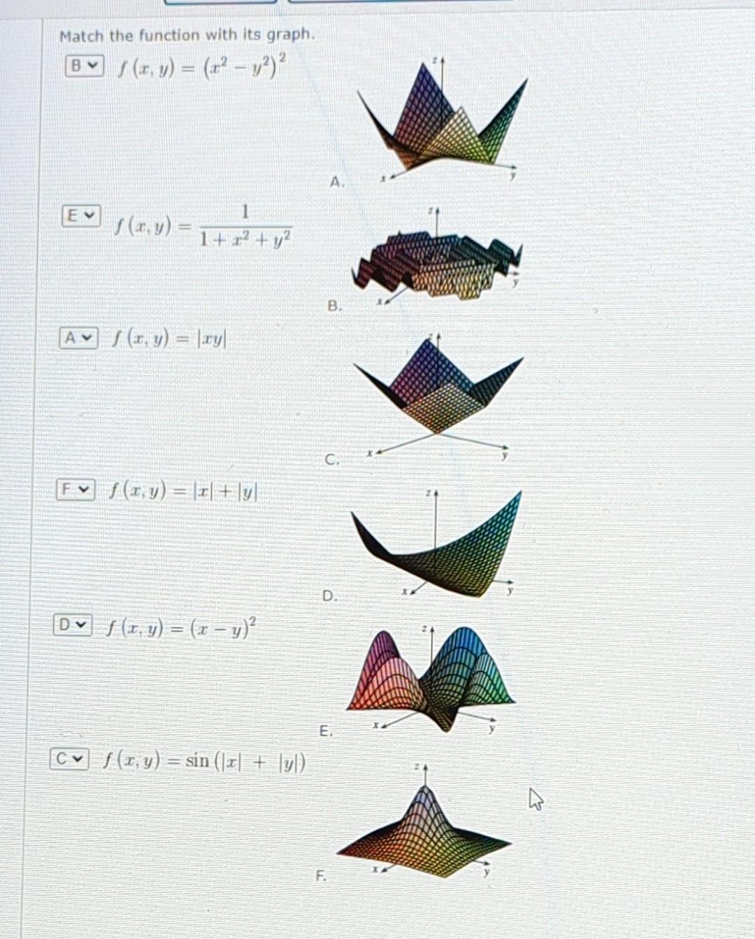 Solved Match the function with its graph. f(x,y)=(x2−y2)2 A | Chegg.com
