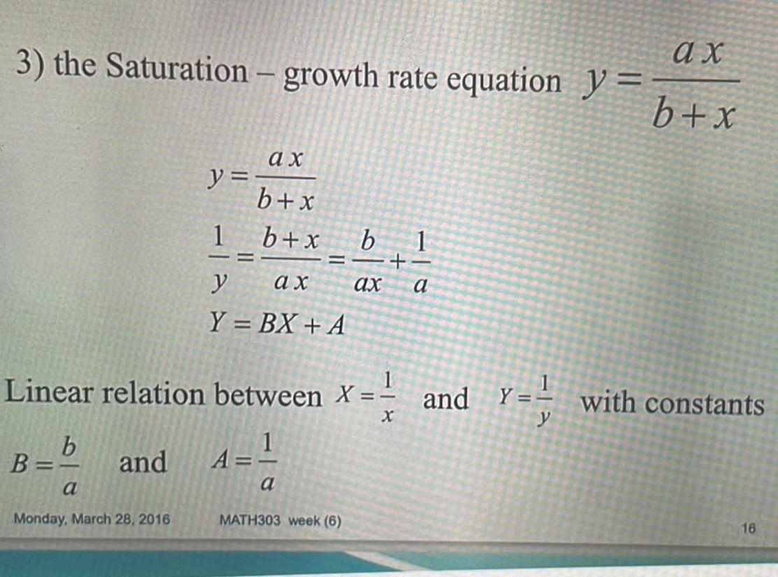 3) the Saturation - growth rate equation y=b+xax | Chegg.com