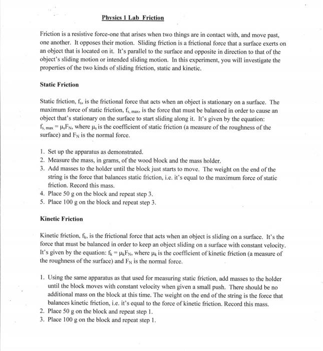 Physics 2 Lab Friction Sample Data mass of block=266 | Chegg.com