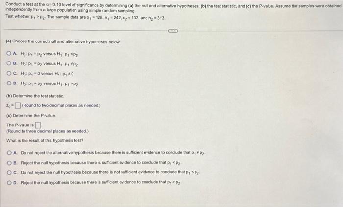 Solved Conduct a test at the α=0.10 level of significance by | Chegg.com