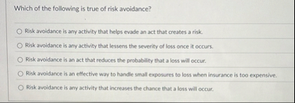 Solved Which of the following is true of risk avoidance?Risk | Chegg.com