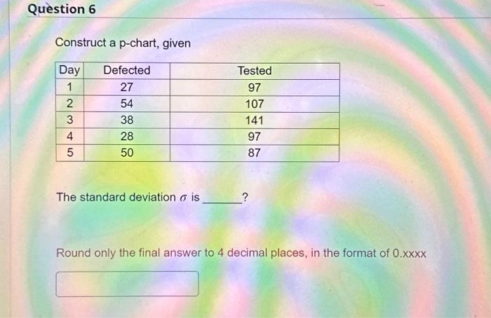 Solved Question 6 Construct a p-chart, given Day 1 23 4 45 | Chegg.com