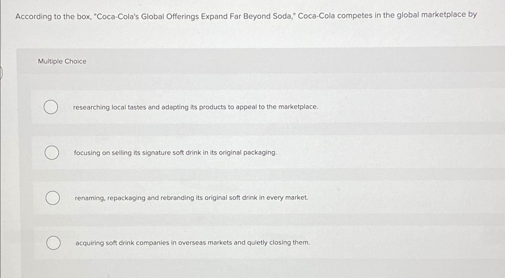Solved According to the box, "Coca-Cola's Global Offerings | Chegg.com