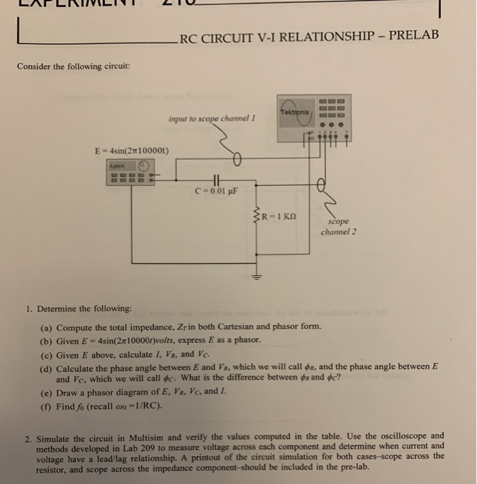 Solved RC CIRCUIT V-I RELATIONSHIP - PRELAB Consider the | Chegg.com