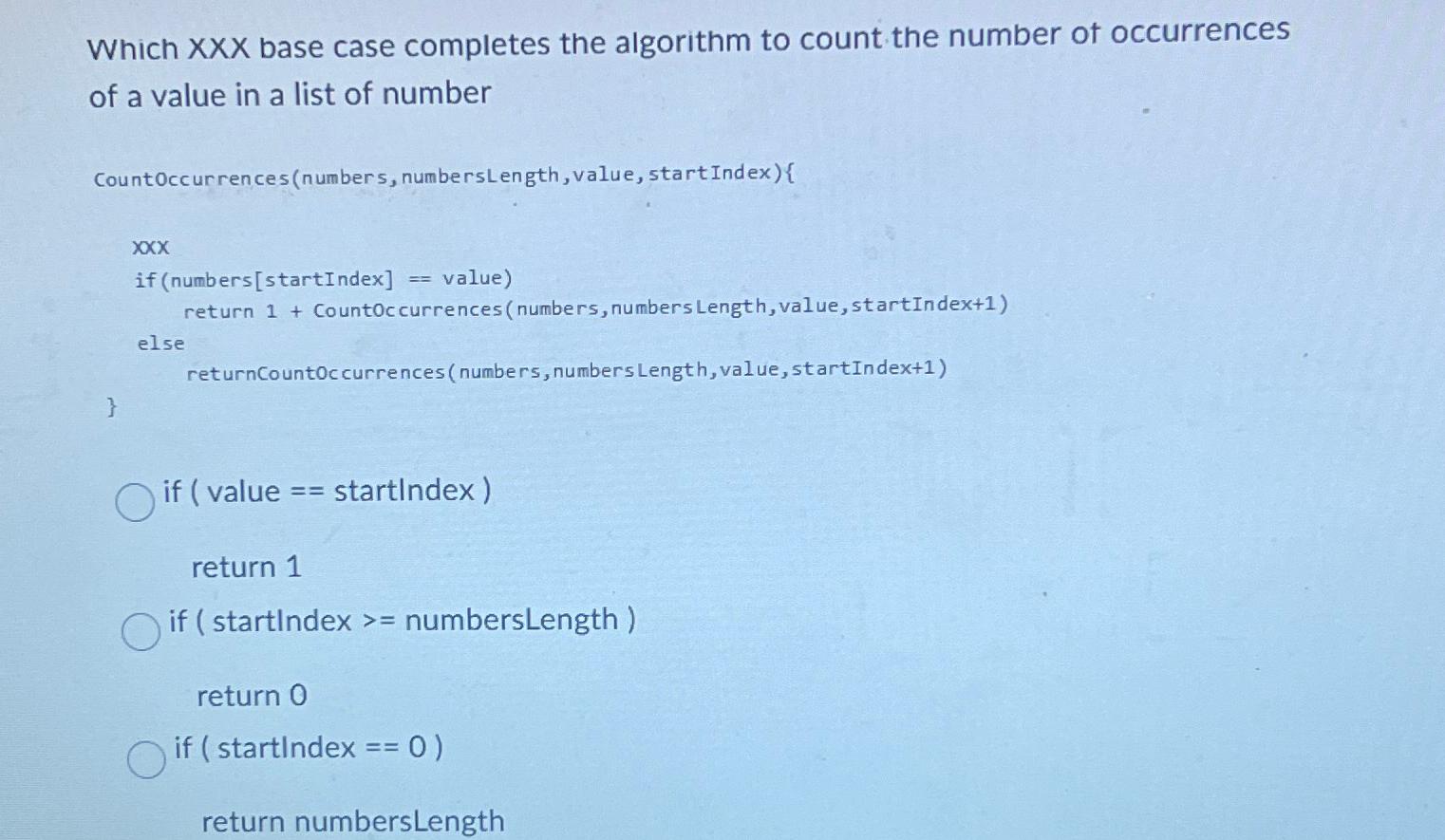 Solved Which xxx ﻿base case completes the algorithm to count | Chegg.com