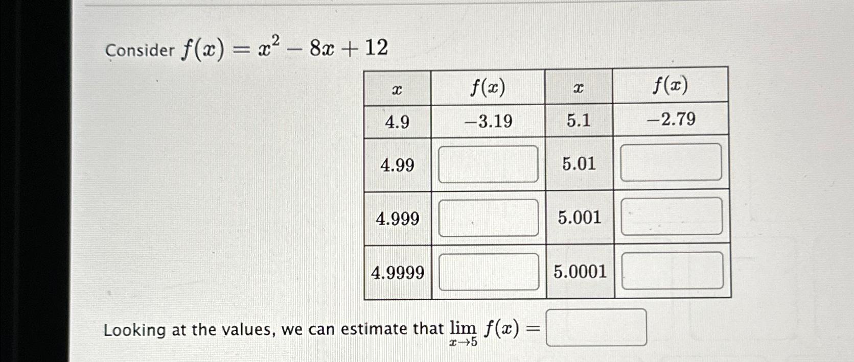 Solved Consider f(x)=x2-8x+12\table[[x,f(x),x,f(x) | Chegg.com