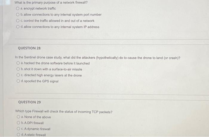 Solved What is the primary purpose of a network firewall? a. | Chegg.com