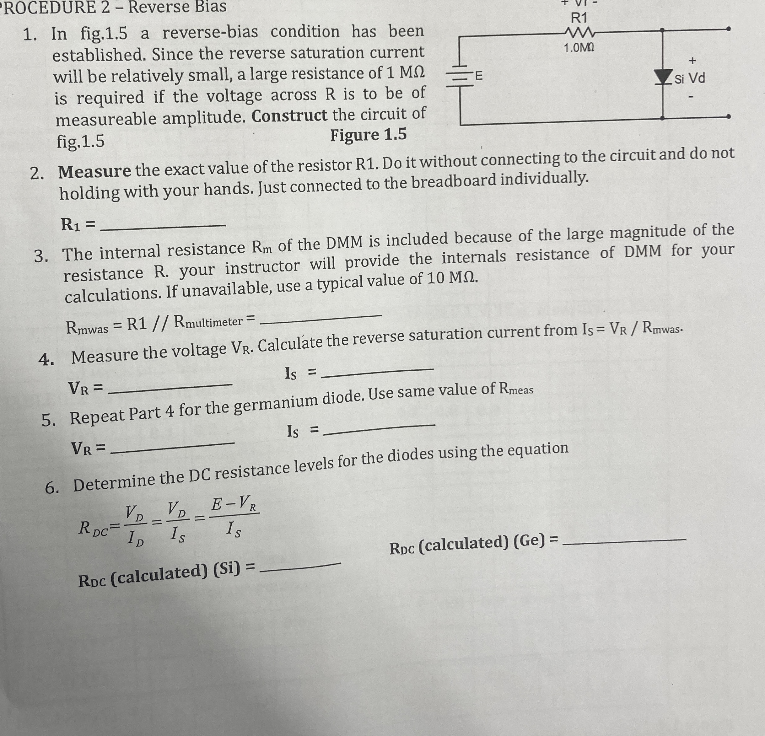 Solved ROCEDURE 2 - ﻿Reverse BiasIn fig.1.5 ﻿a reverse-bias | Chegg.com