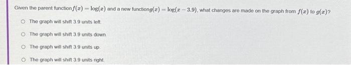 Solved Given the parent function f(x) = log(x) and a new | Chegg.com
