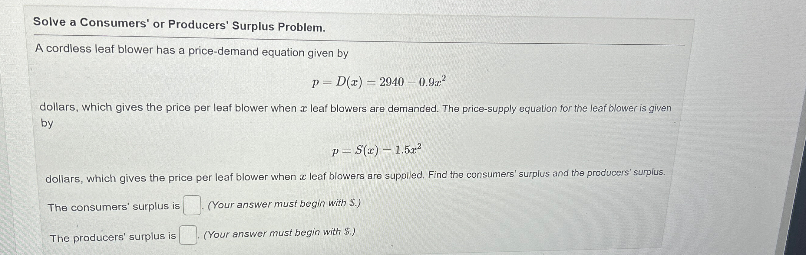 Solved Solve a Consumers' or Producers' Surplus Problem.A | Chegg.com