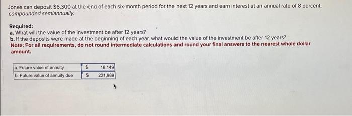 Solved Jones can deposit $6,300 at the end of each six-month | Chegg.com