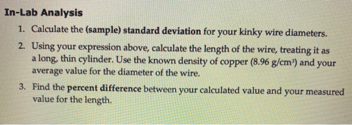 In-Lab Analysis 1. Calculate the (sample) standard | Chegg.com