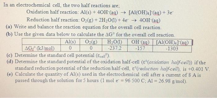 In an electrochemical cell, the two half reactions | Chegg.com