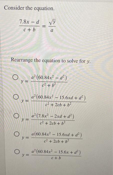 Solved Consider the equation. VY 7.8x – d = C + b a | Chegg.com