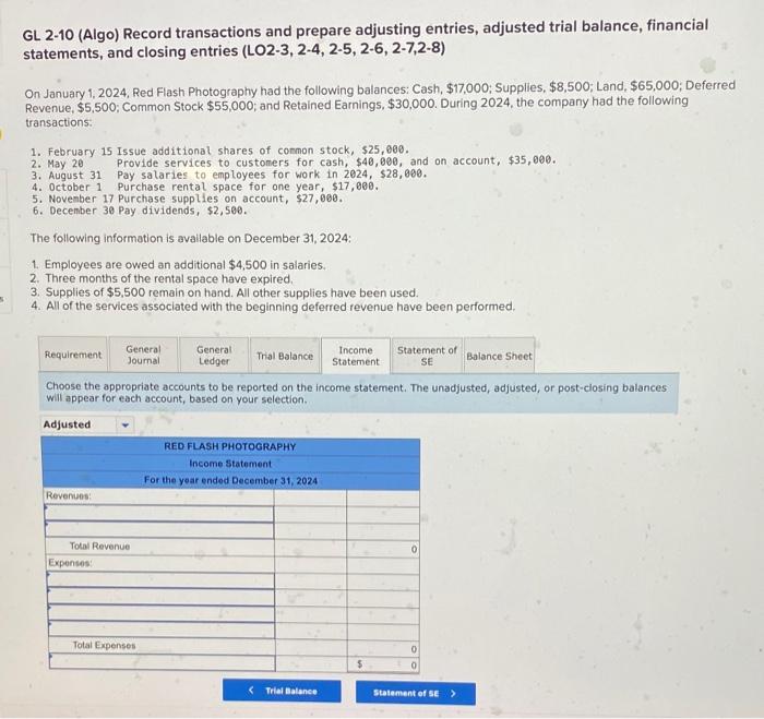 Solved GL 2-10 (Algo) Record transactions and prepare | Chegg.com