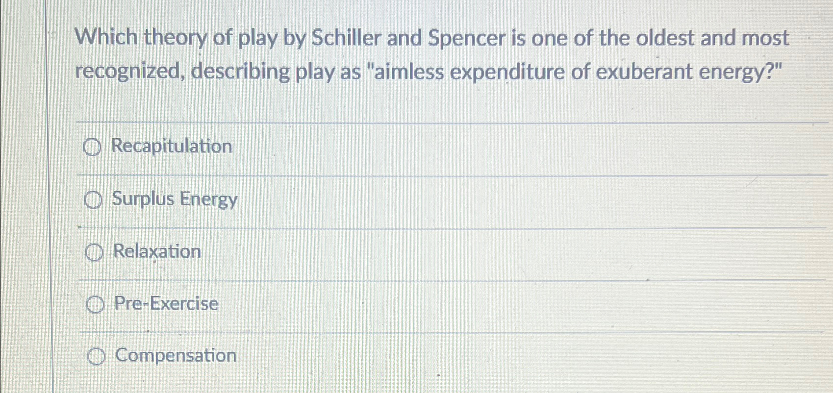 Solved Which theory of play by Schiller and Spencer is one | Chegg.com