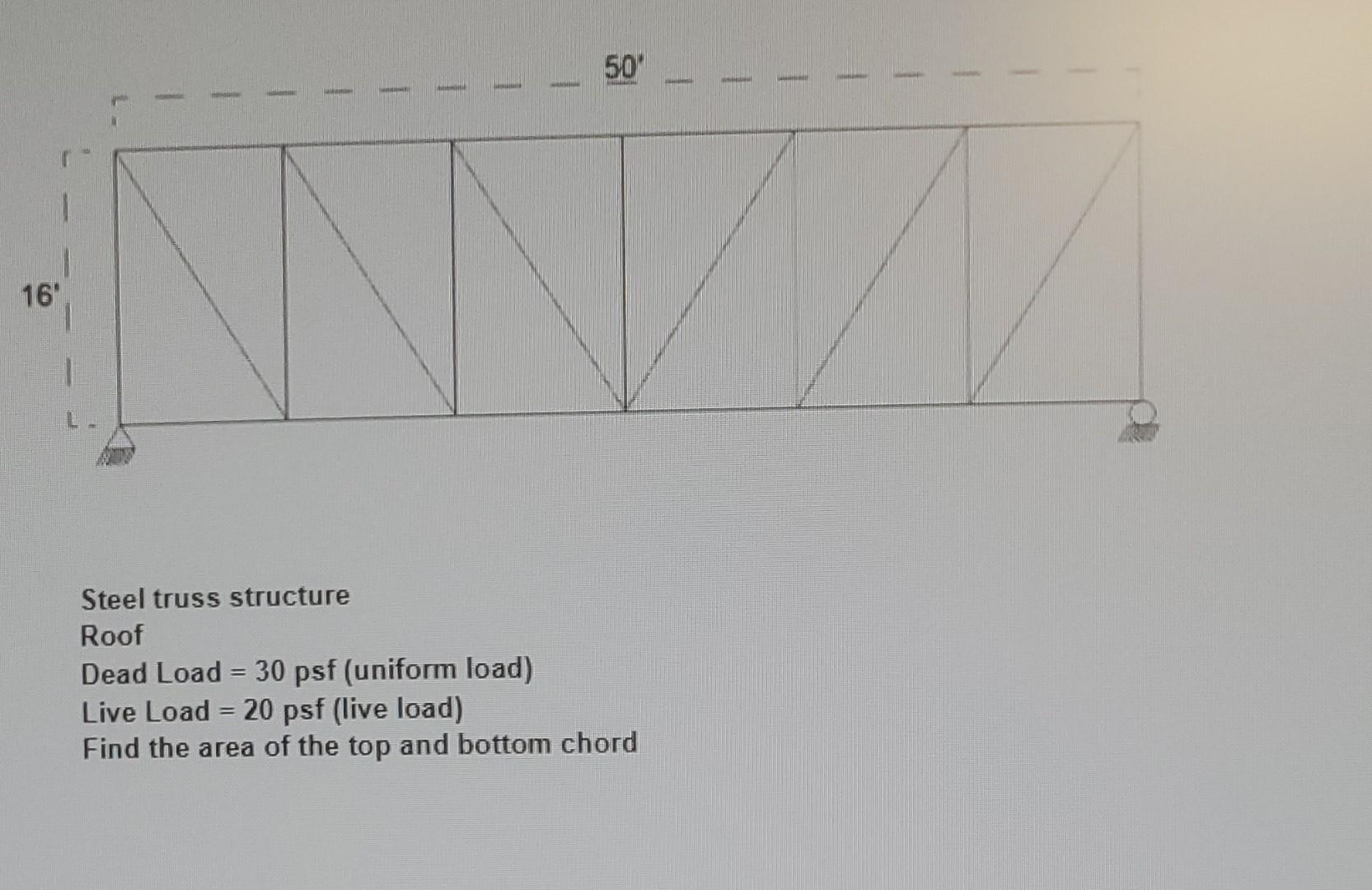 Solved 50" 16 N Steel truss structure Roof Dead Load = 30 | Chegg.com