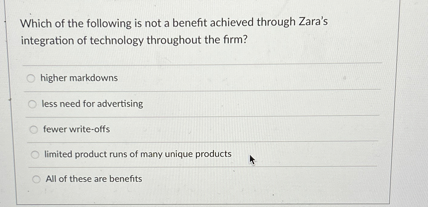 Solved Which of the following is not a benefit achieved | Chegg.com