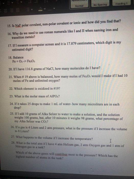 Solved No Spacing Heading 1 15. Is NaF polar covalent, | Chegg.com