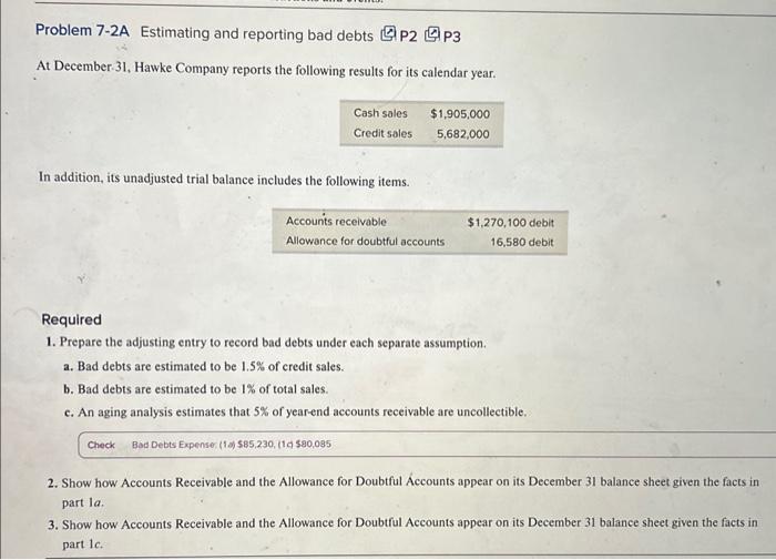 Solved Problem 7-2A Estimating and reporting bad debts (G) | Chegg.com