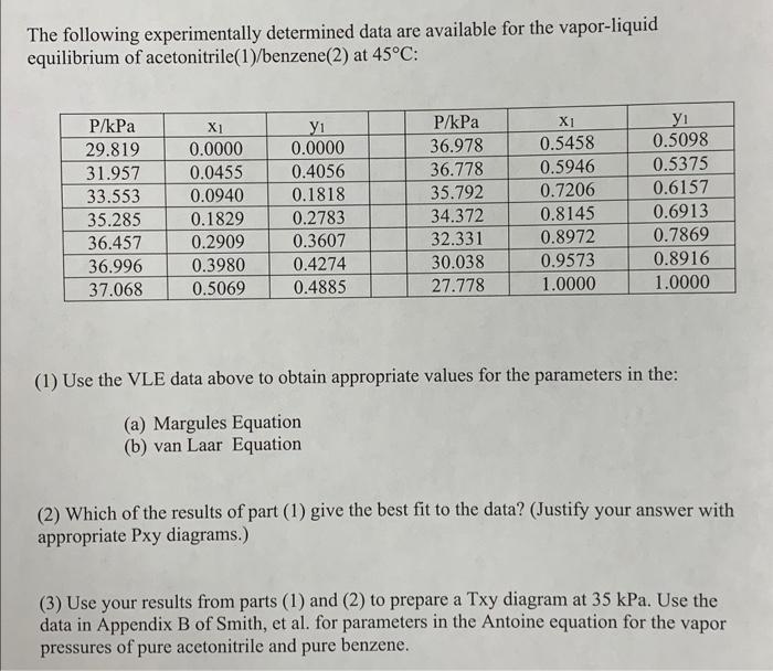 Solved (1) Use the VLE data above to obtain appropriate | Chegg.com