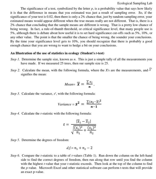 Ecological Sampling Lab The significance of a test, | Chegg.com