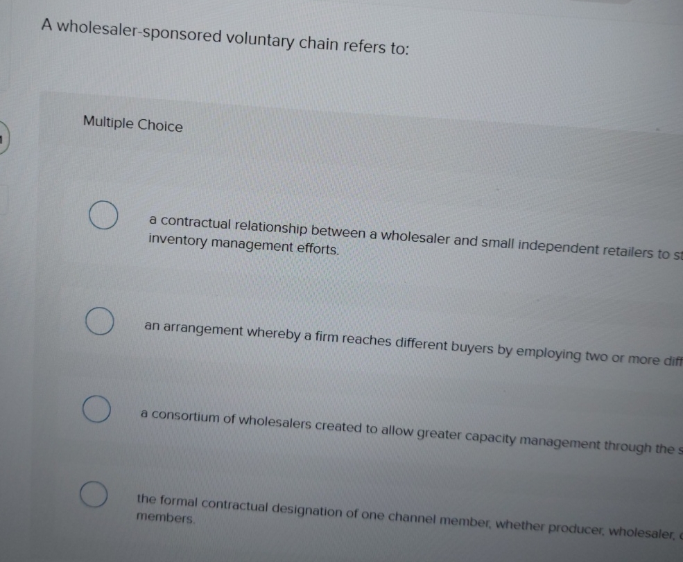 Solved A wholesaler-sponsored voluntary chain refers | Chegg.com