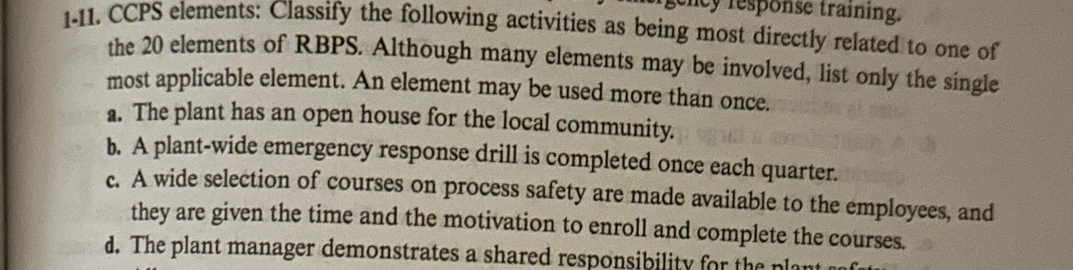 Solved 1-11. ﻿CCPS elements: Classify the following | Chegg.com
