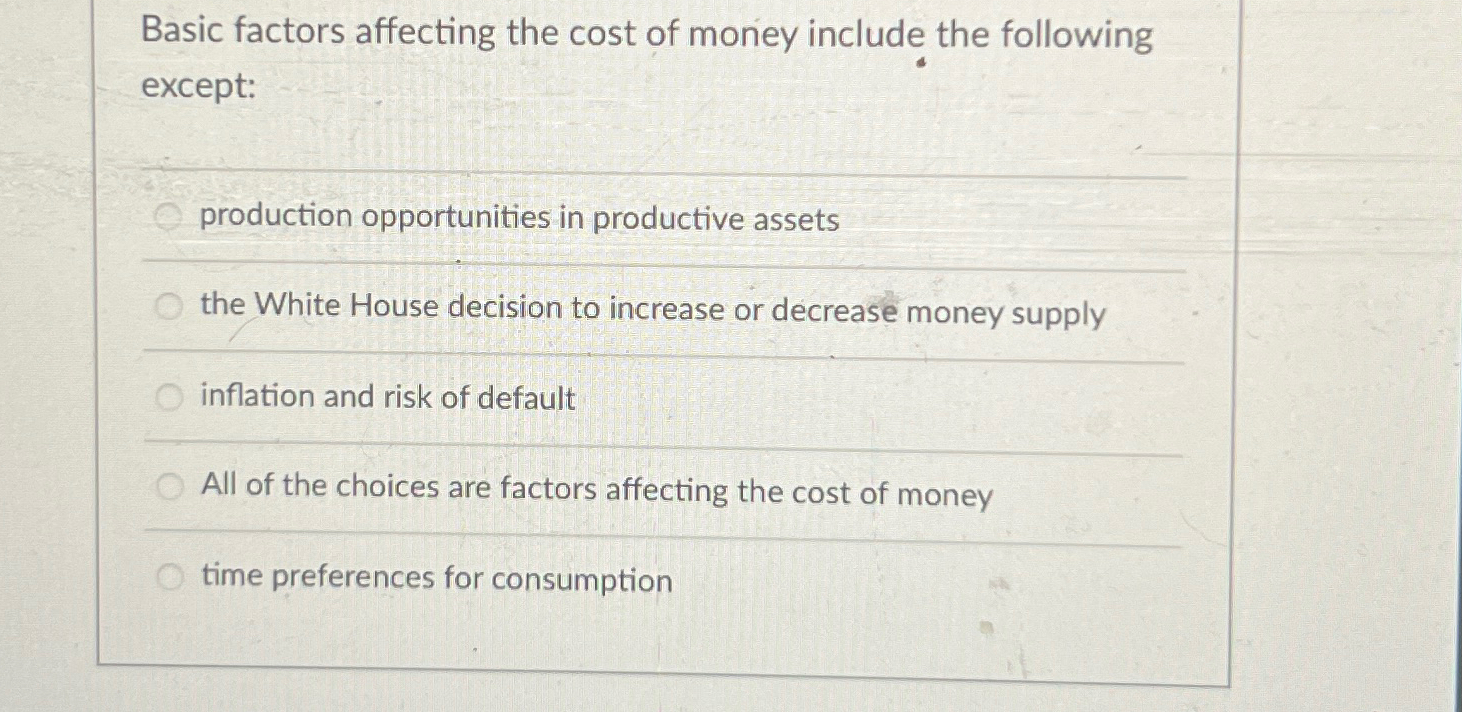 Solved Basic factors affecting the cost of money include the | Chegg.com