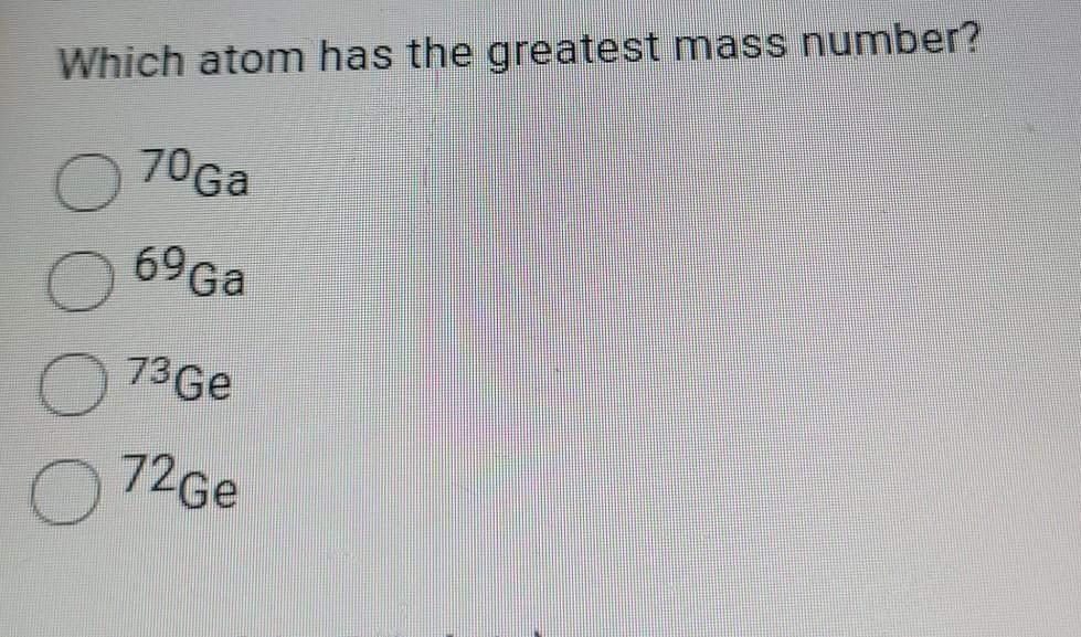 Solved Which atom has the greatest mass number? 70 Ga 69 Ga | Chegg.com