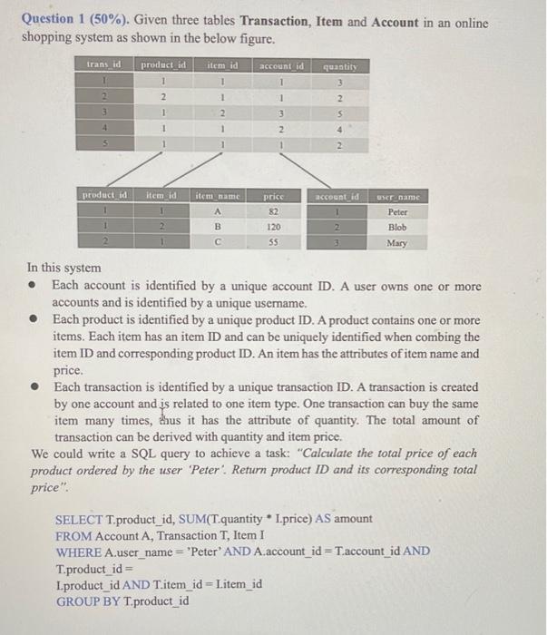 Solved Question 1(50%). Given three tables Transaction, Item | Chegg.com