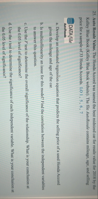 Solved Auto Resale Value. The Honda Accord was named the | Chegg.com