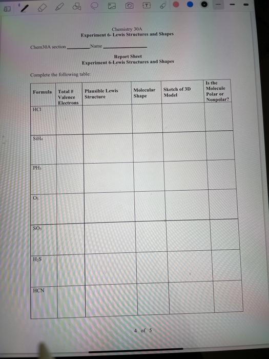 Solved T 5 Chemistry 30A Experiment 6-Lewis Structures and | Chegg.com