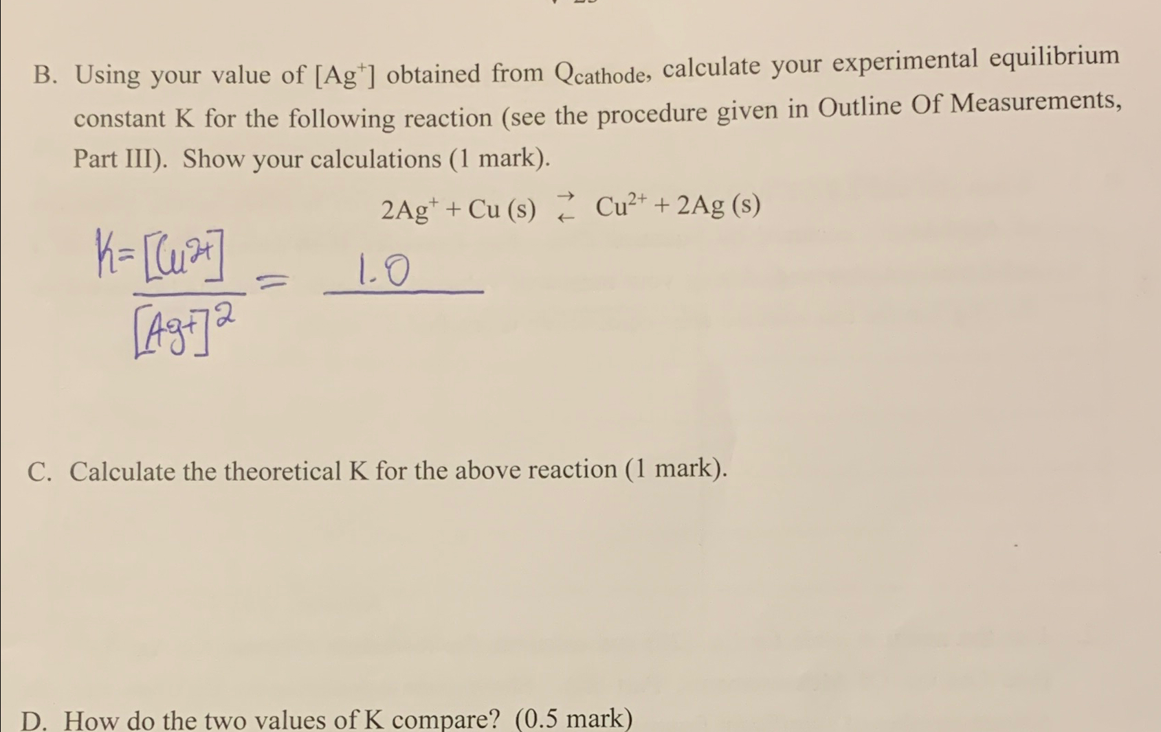 Solved B. ﻿Using your value of Ag+obtained from | Chegg.com