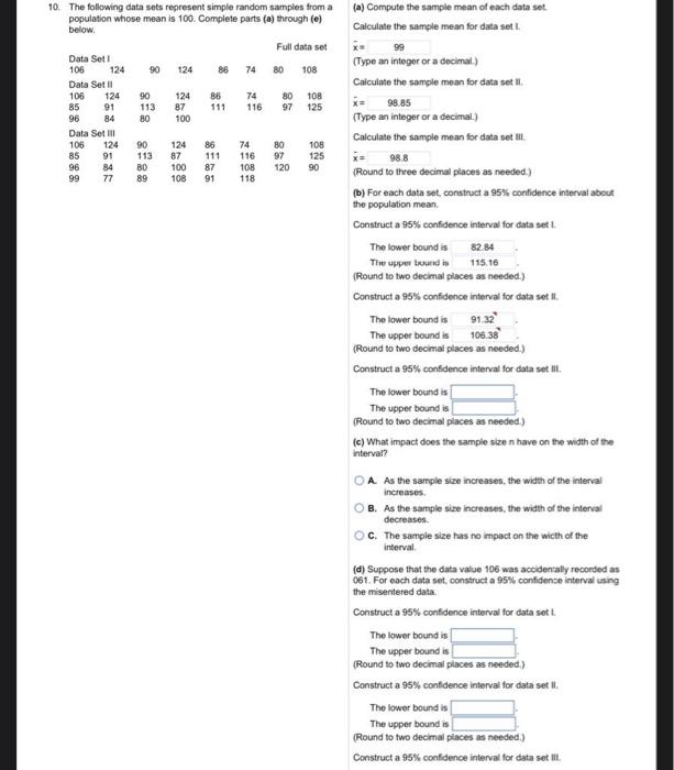 Solved 10. The following data sets represent simple random | Chegg.com
