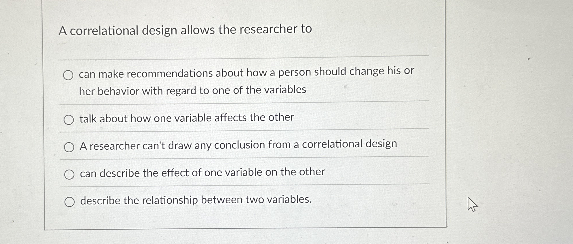 Solved A correlational design allows the researcher tocan | Chegg.com