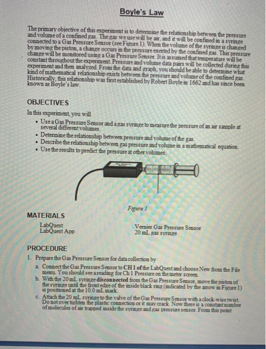 Solved Boyle's Law The primary objective of this experiment | Chegg.com